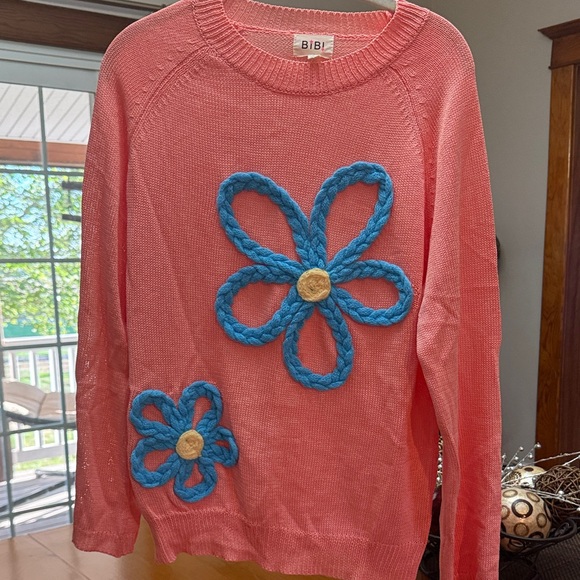 BiBi | Sweaters | Bibi Coral Sweater With Blue Floral Accentsnwt | Poshmark